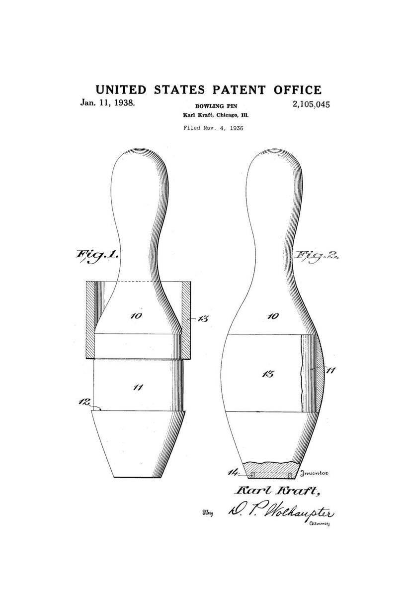 1931 Bowling Pin Patent - Patent Print, Wall Decor, Bowling Art, Bowli ...