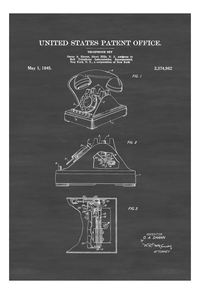 1945 Telephone Set Patent - Decor, Office Decor, Patent Print, Phone P ...