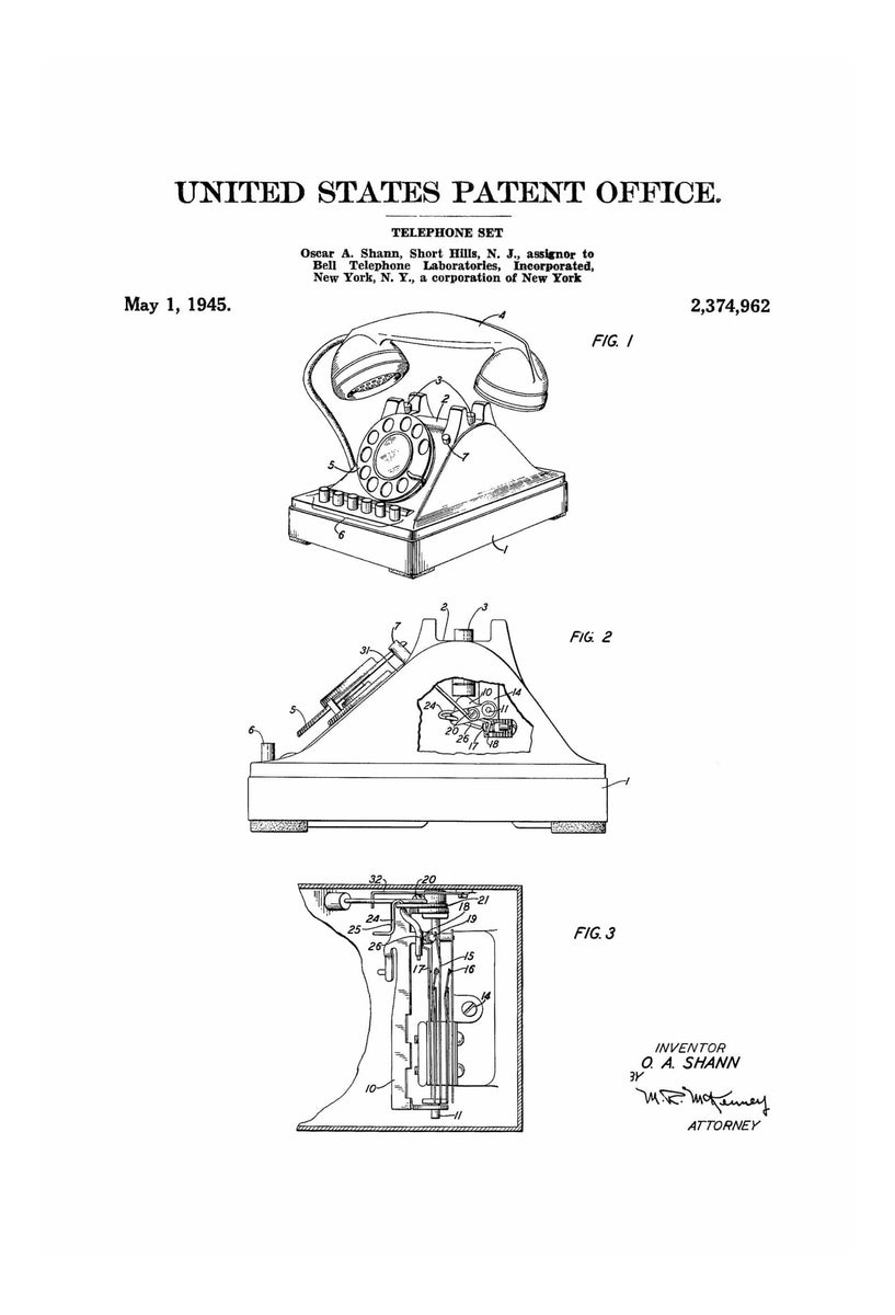 1945 Telephone Set Patent - Decor, Office Decor, Patent Print, Phone P ...
