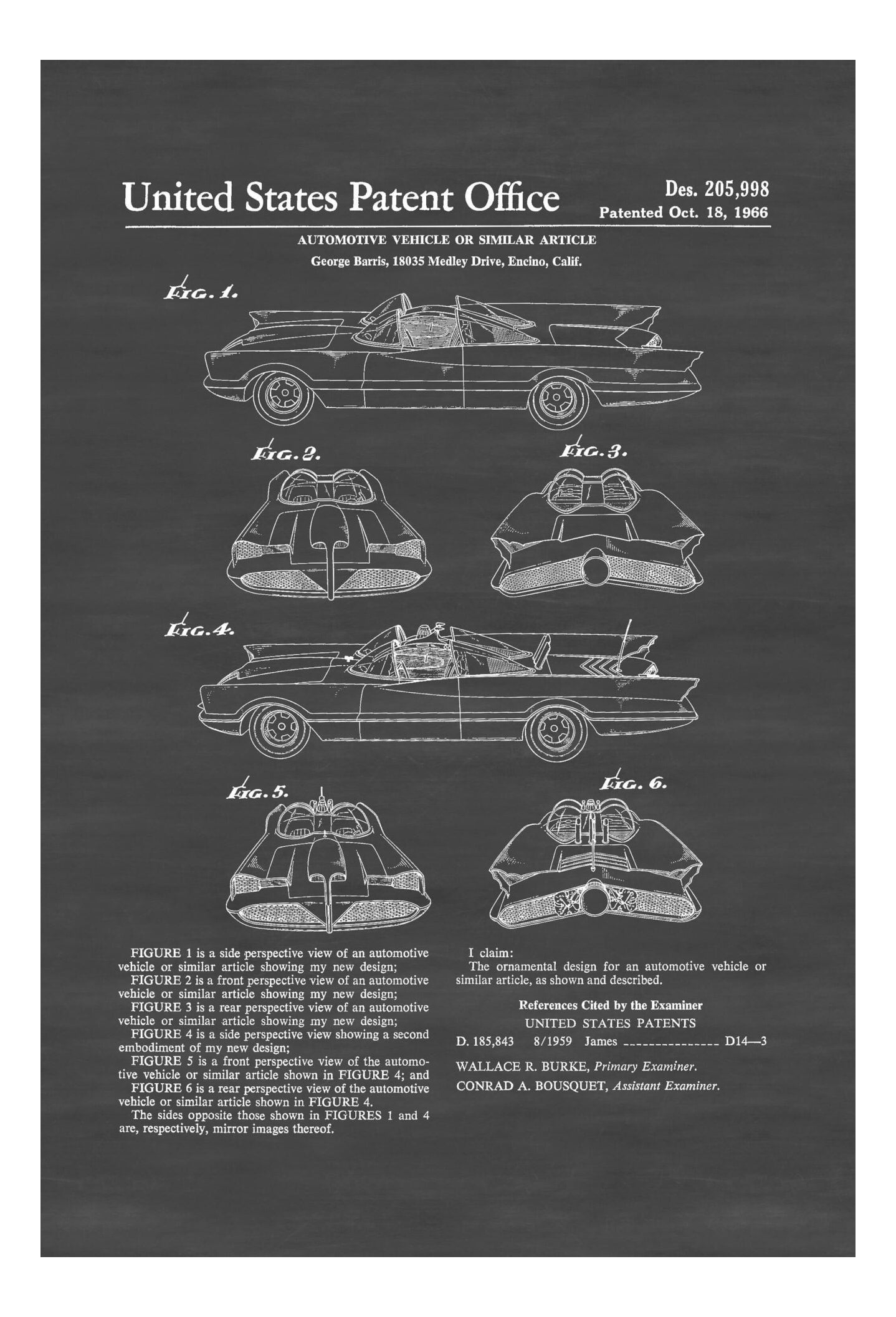 1966 Original Batmobile Design Patent - Batmobile Patent, Wall Decor ...