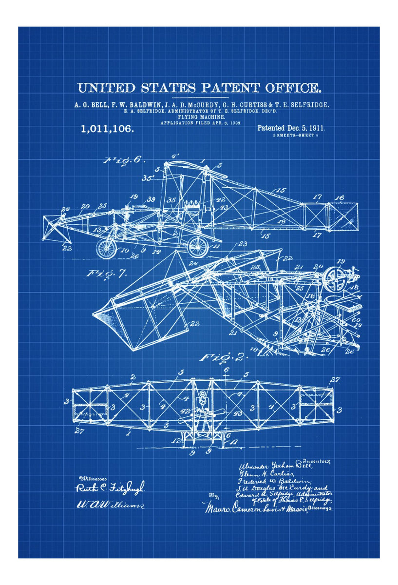 Alexander Bell Flying Machine Patent - Airplane Blueprint, Vintage Avi ...