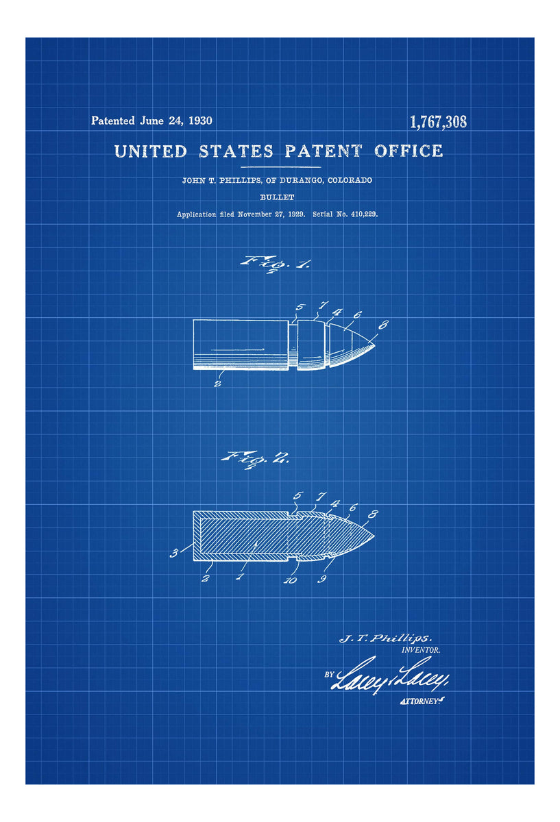 Bullet Patent 1930 - Patent Print, Gun Art, Firearm Art, Western Art ...