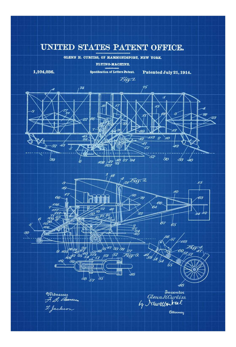 Curtiss Flying Machine Patent Print - Airplane Blueprint, Vintage Avia ...