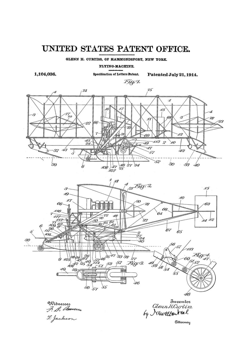 Curtiss Flying Machine Patent Print - Airplane Blueprint, Vintage Avia ...