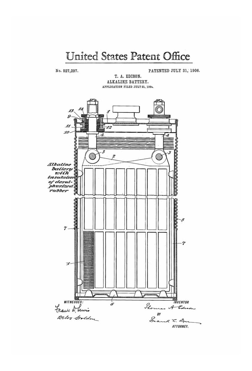 Edison Alkaline Battery Patent 1906 - Edison Patent, Edison Invention ...
