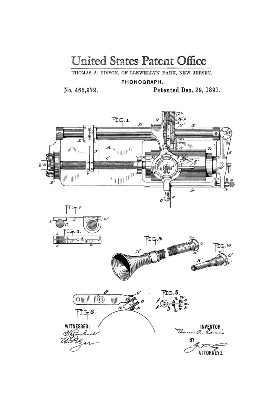 Edison Phonograph Patent 1891 - Patent Print, Edison Invention, Gramop ...