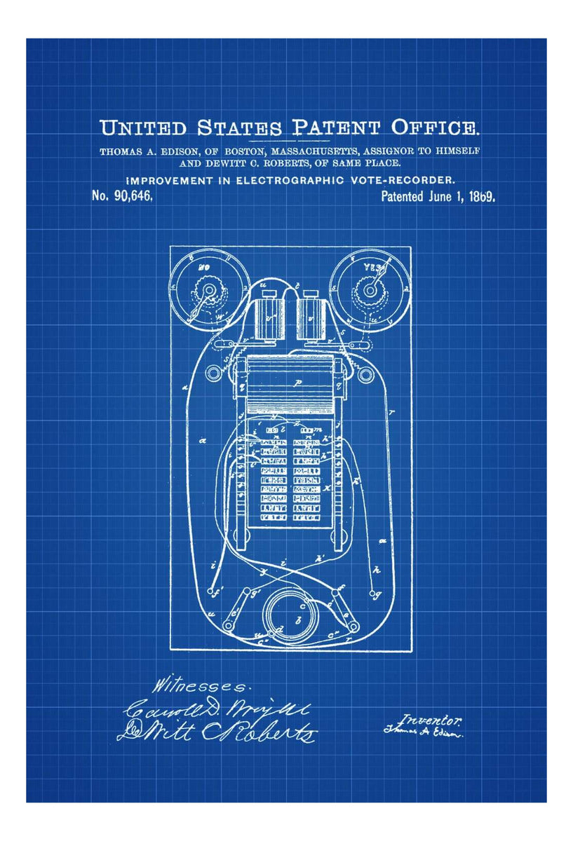 Edison Voting Machine Patent 1869 - Patent Print, Edison Patent, Thoma ...