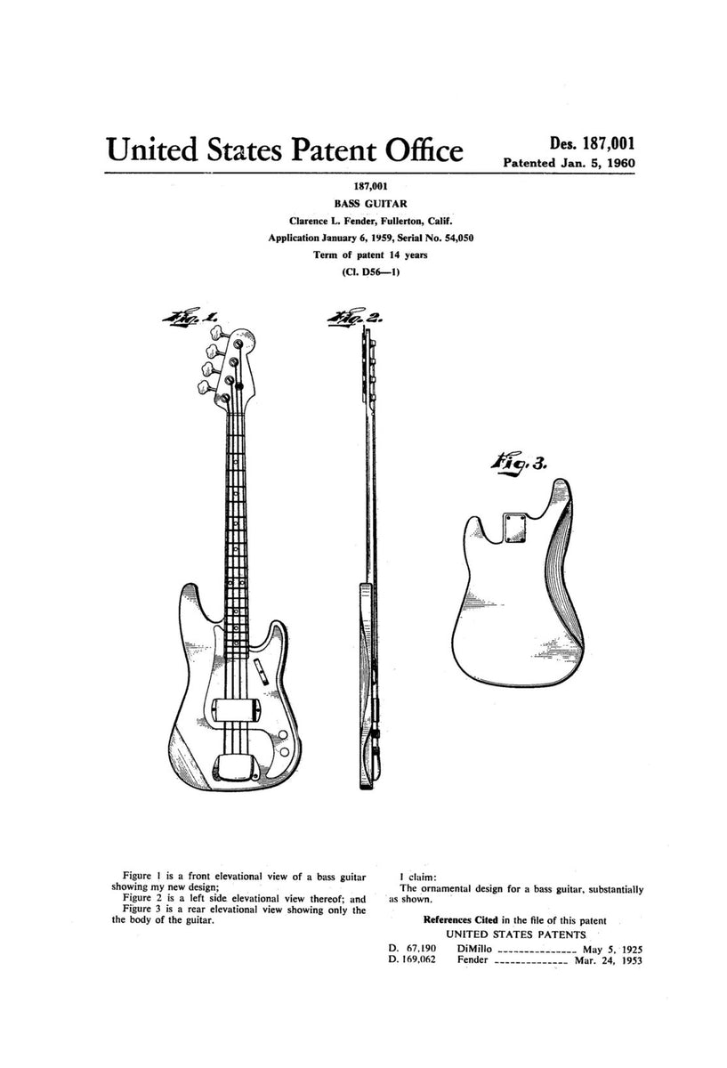 Fender Bass Guitar Patent - Patent Print, Wall Decor, Music Poster, Mu ...