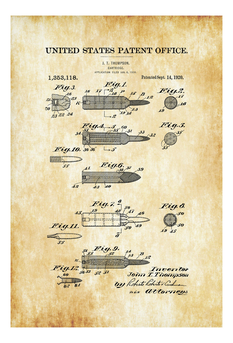 Firearm Cartridge Patent - Patent Print, Gun Art, Firearm Art, Western ...