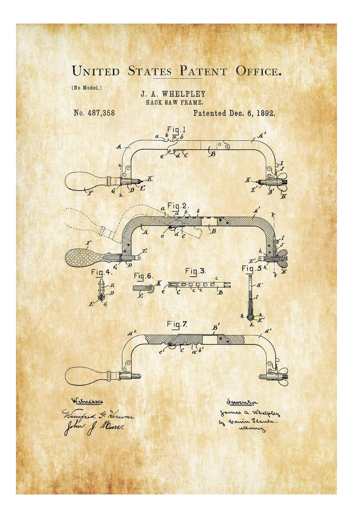 Hacksaw Patent 1892 - Patent Print, Vintage Tools, Garage Decor, Works ...