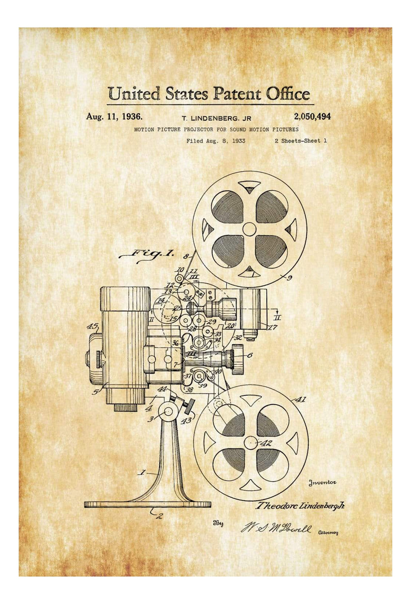 Movie Projector Patent 1936 - Patent Print, Movie Poster, Projector Pa ...