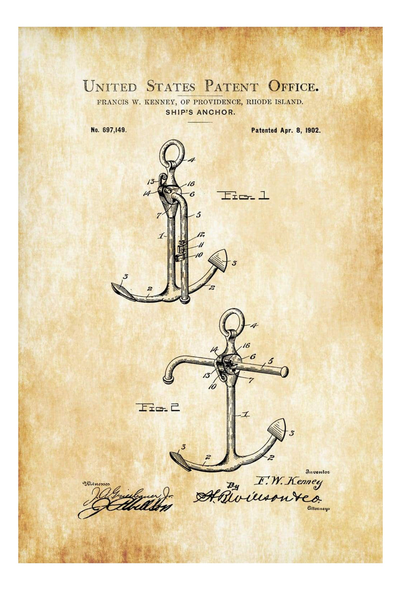 Ship's Anchor Patent Print - Vintage Anchor, Anchor Blueprint, Naval A ...