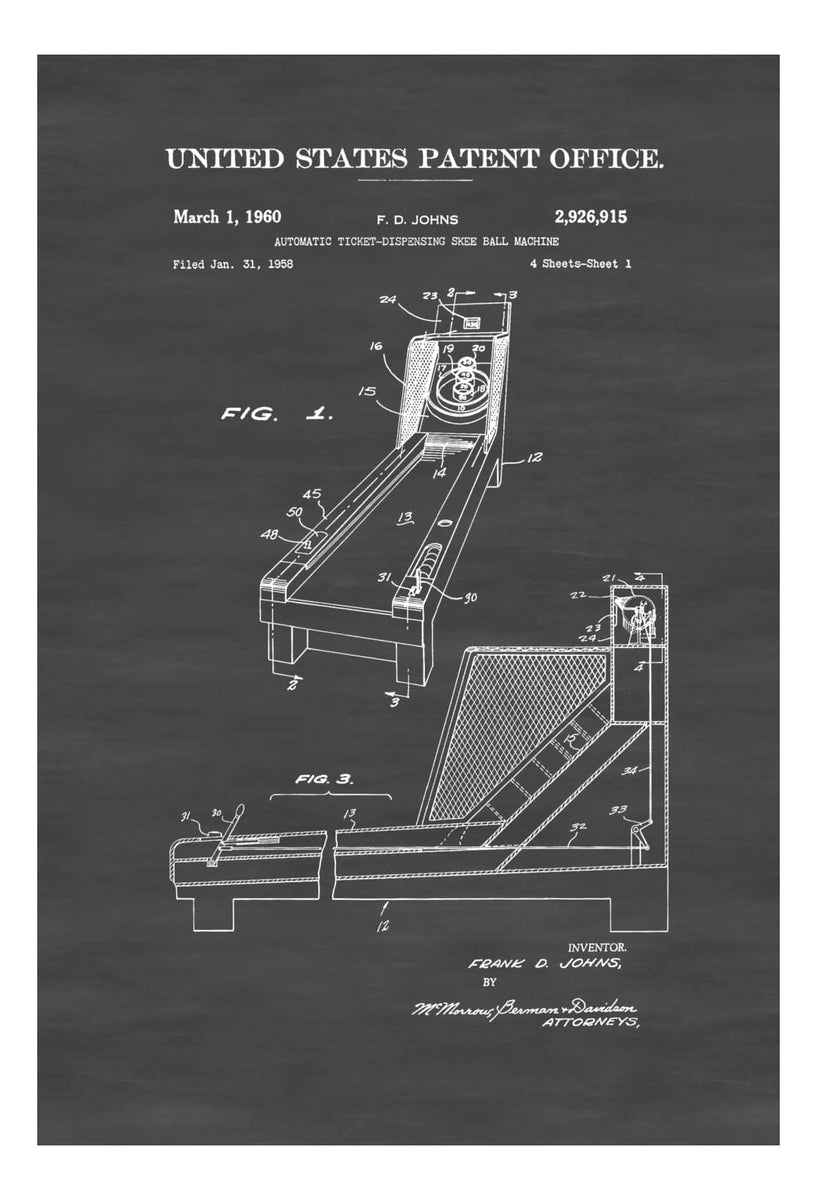 Skee Ball Machine Patent 1960 - Patent Print, Game Room Decor, Play Ro ...