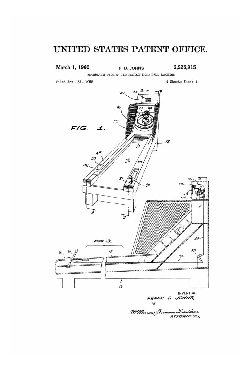 Skee Ball Machine Patent 1960 - Patent Print, Game Room Decor, Play Ro ...