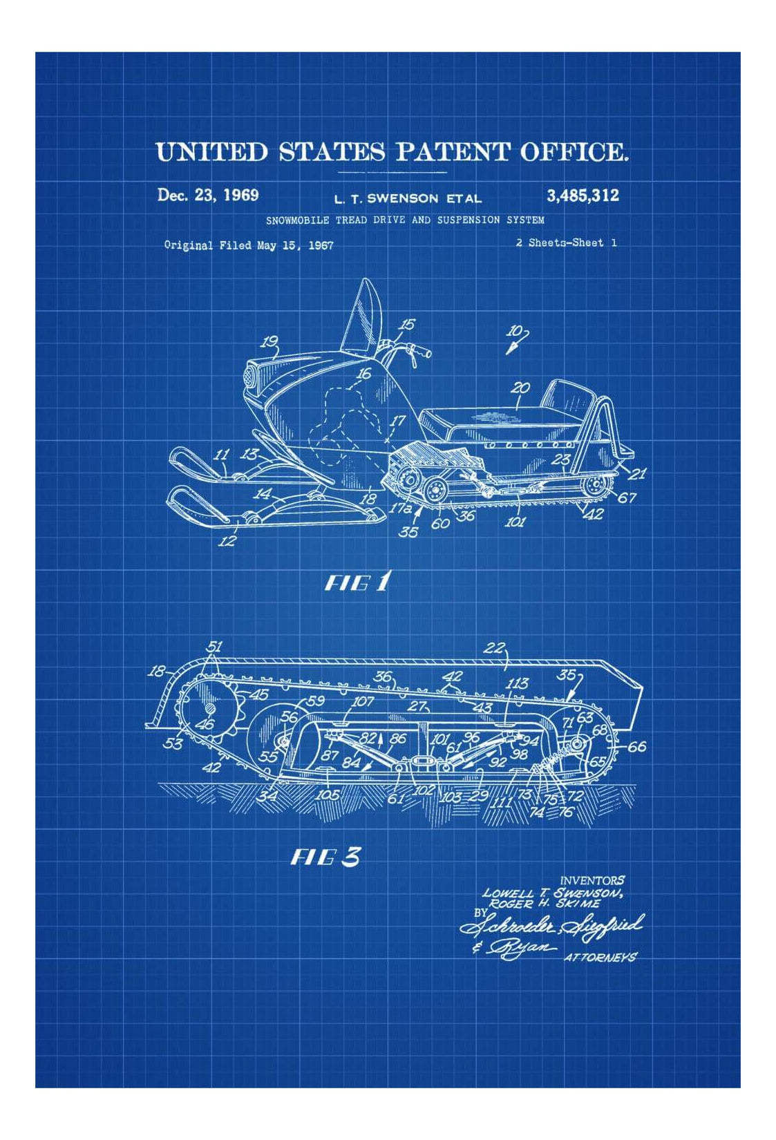 Snowmobile Patent 1969 - Patent Print, Wall Decor, Ski Lodge Decor, Mo ...