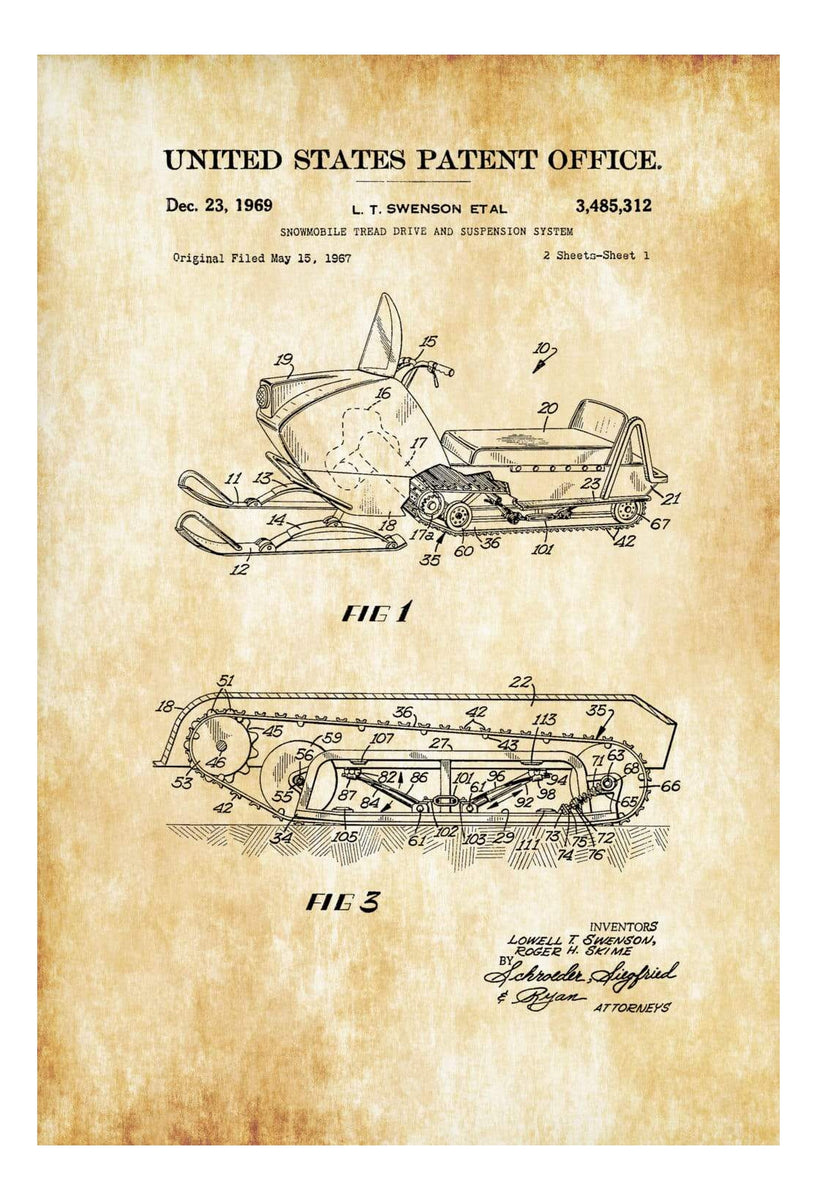 Snowmobile Patent 1969 - Patent Print, Wall Decor, Ski Lodge Decor, Mo ...