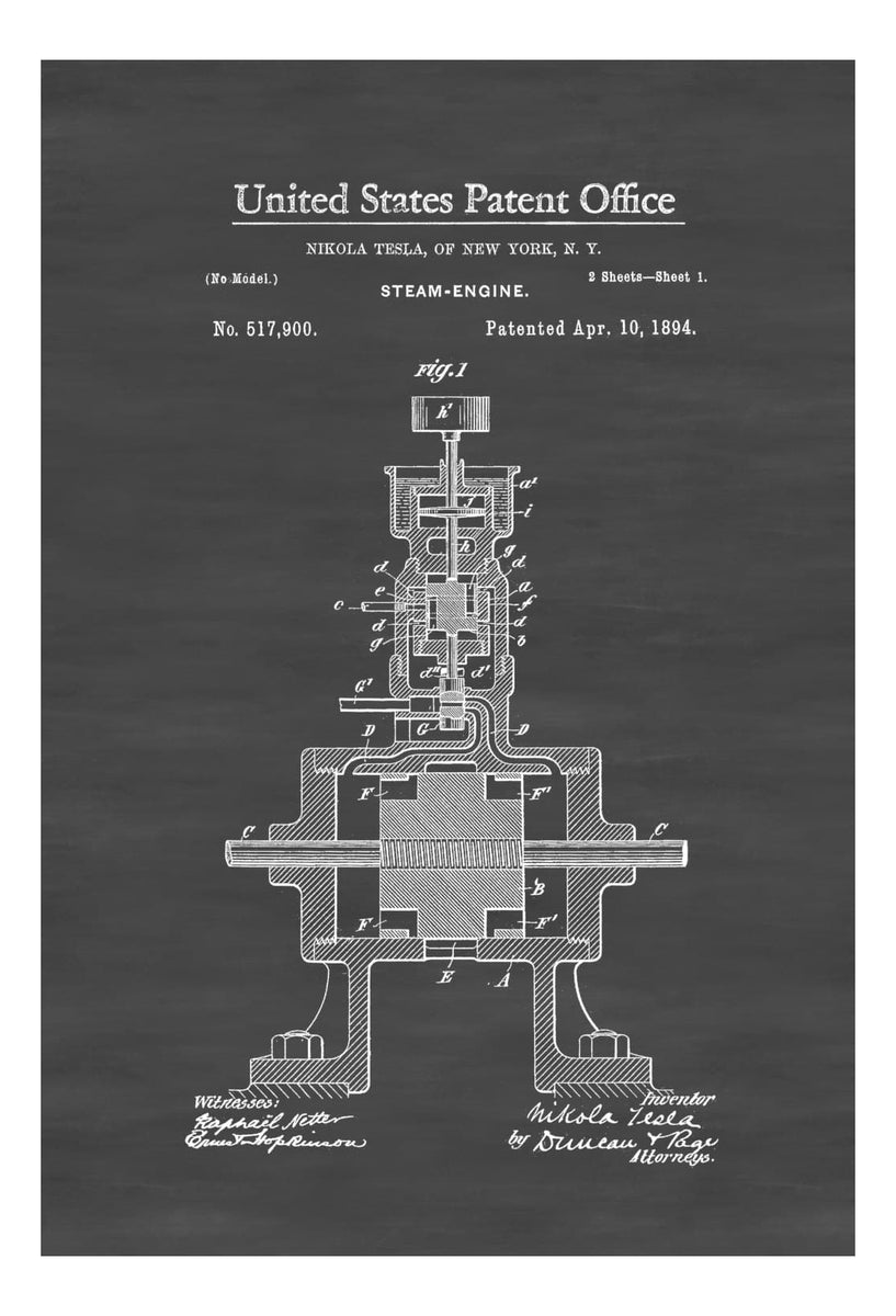 Tesla Steam Engine Patent Print 1894 - Tesla Invention, Tesla Patent ...