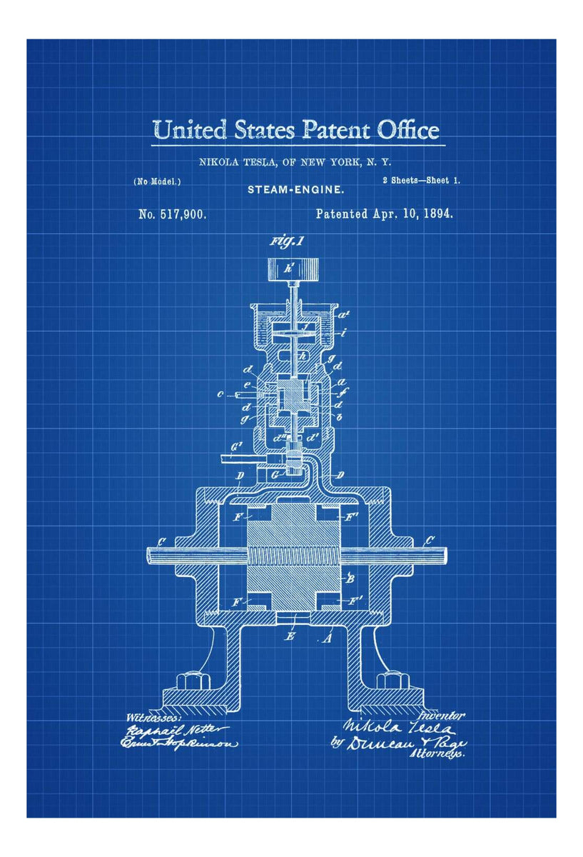 Tesla Steam Engine Patent Print 1894 - Tesla Invention, Tesla Patent ...