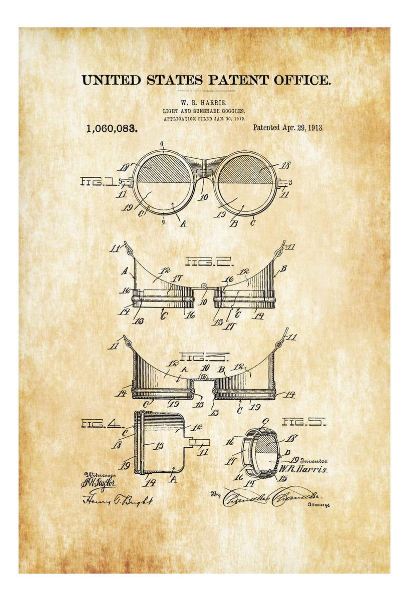 Vintage Goggles Patent 1913 - Patent Print, Wall Decor, Workshop Decor ...